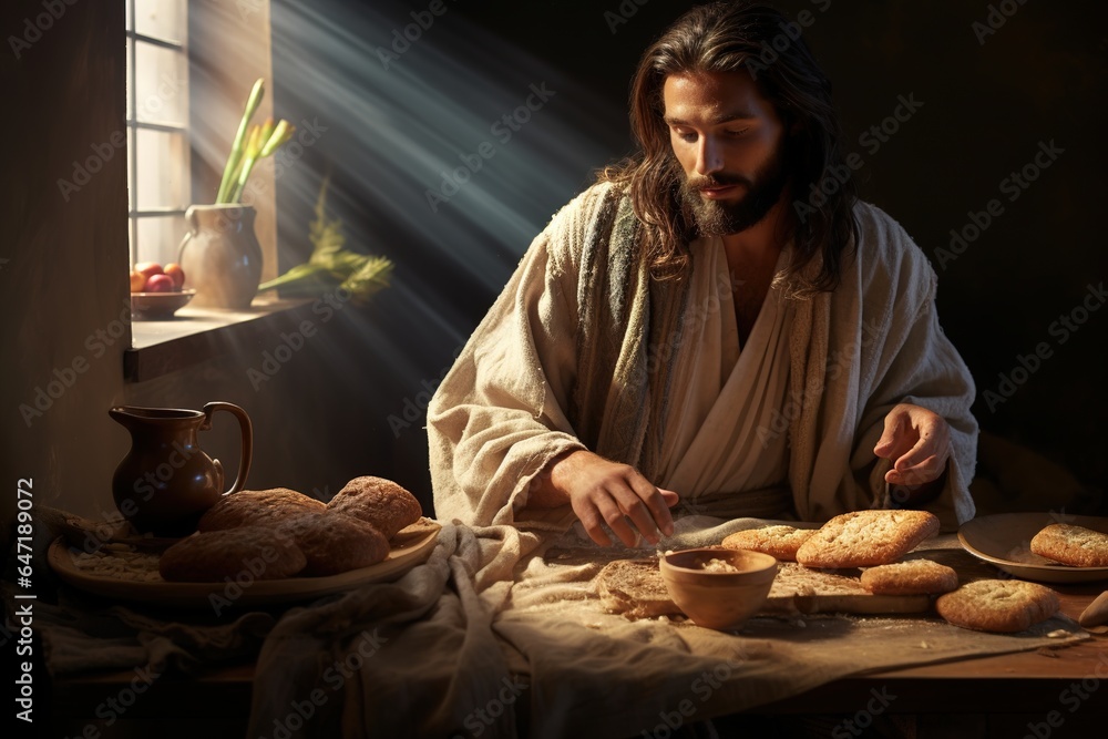 Jesus breaking bread, set in a room lit only by the soft light beams Stock Illustration | Adobe ...