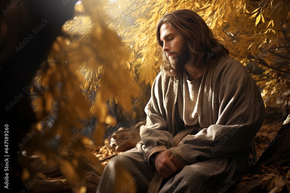 Jesus in deep prayer in an autumn olive garden, with leaves rustling in ...