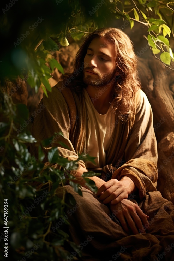 Jesus in deep prayer in an autumn olive garden, with leaves rustling in ...
