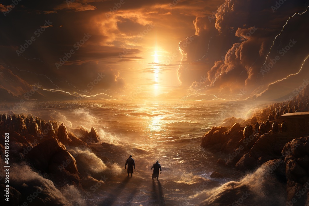 Moses leading the Israelites across the Red Sea, with walls of water on ...