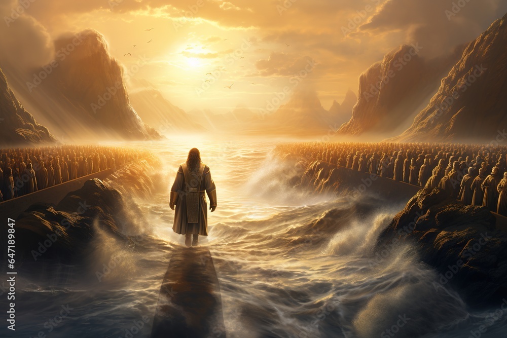 Moses leading the Israelites across the Red Sea, with walls of water on ...