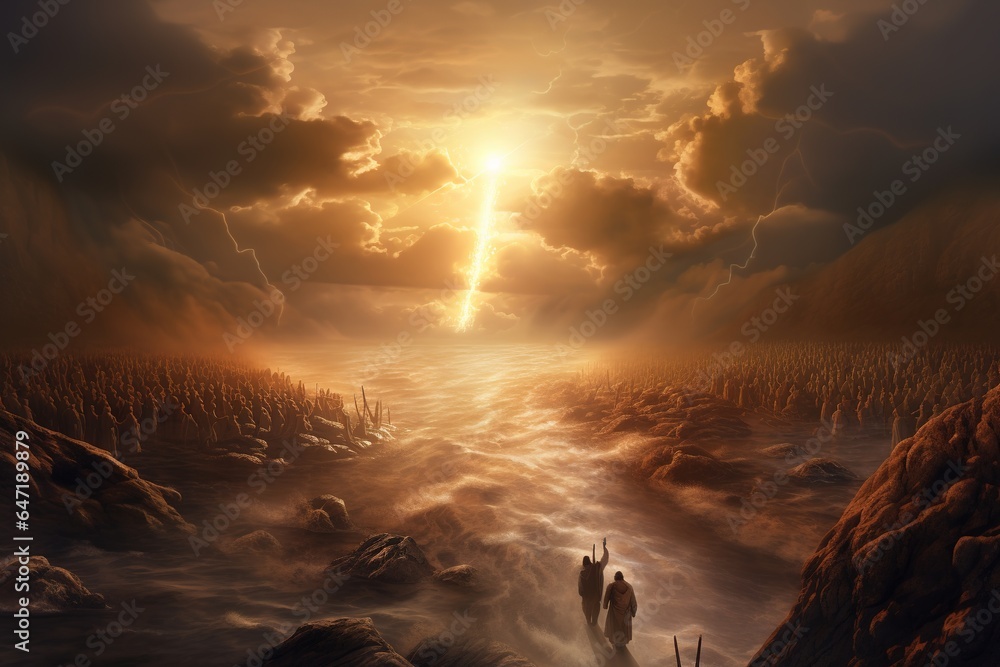 Moses leading the Israelites across the Red Sea, with walls of water on ...