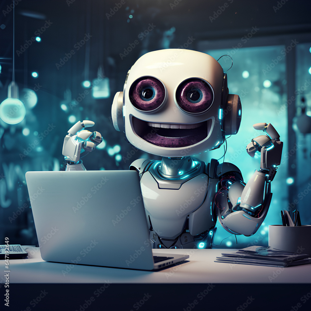 Smiling and kind robot works with laptop, employer robot. High ...