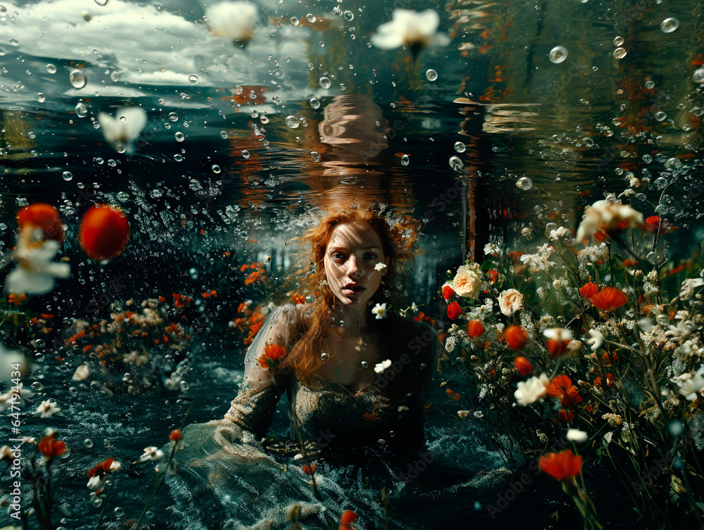 Generative AI illustration of calm sensual woman in dress looking at ...