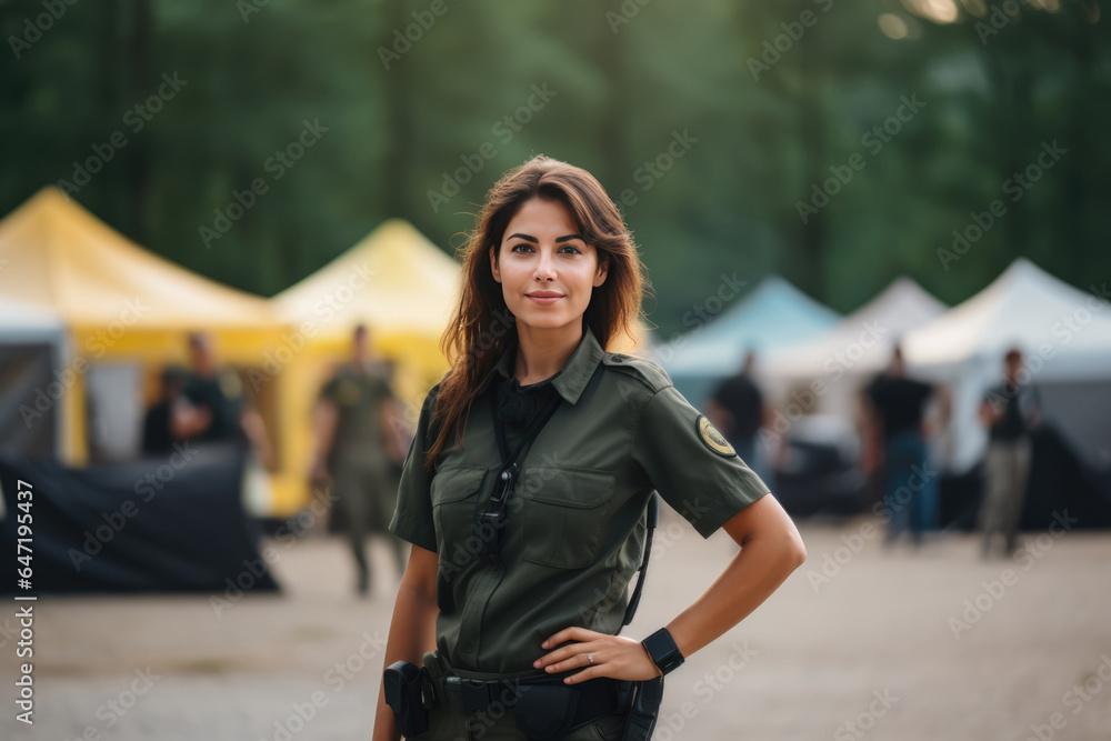 Woman Guard On Defocused Background Campgrounds. Сoncept , Women In ...