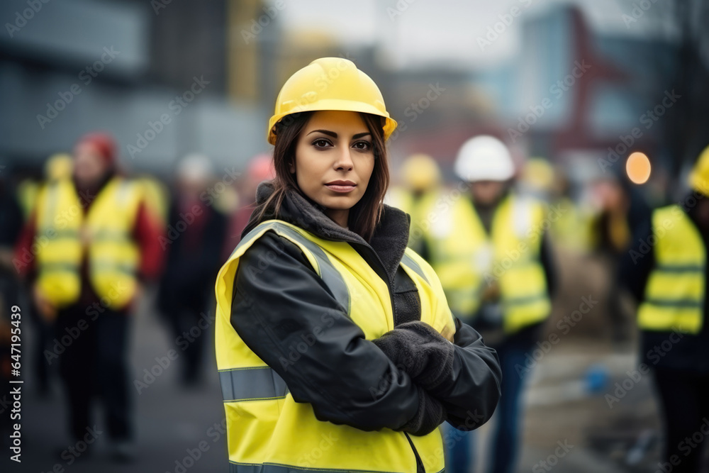 Woman Guard On Defocused Background Construction Zones . Сoncept Women ...