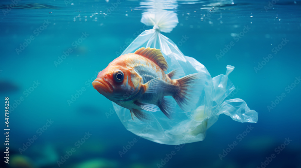 Fish caught in a plastic bag, disaster for wildlife animals, pollution ...