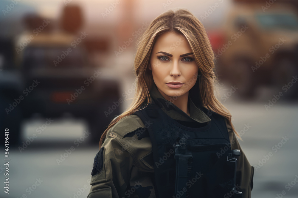 Woman Guard On Defocused Background Military Bases. Сoncept Women In ...