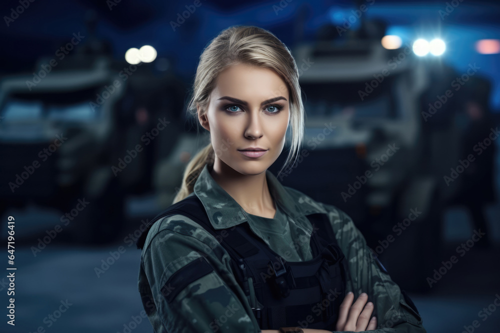 Woman Guard On Defocused Background Military Bases . Сoncept Women In ...