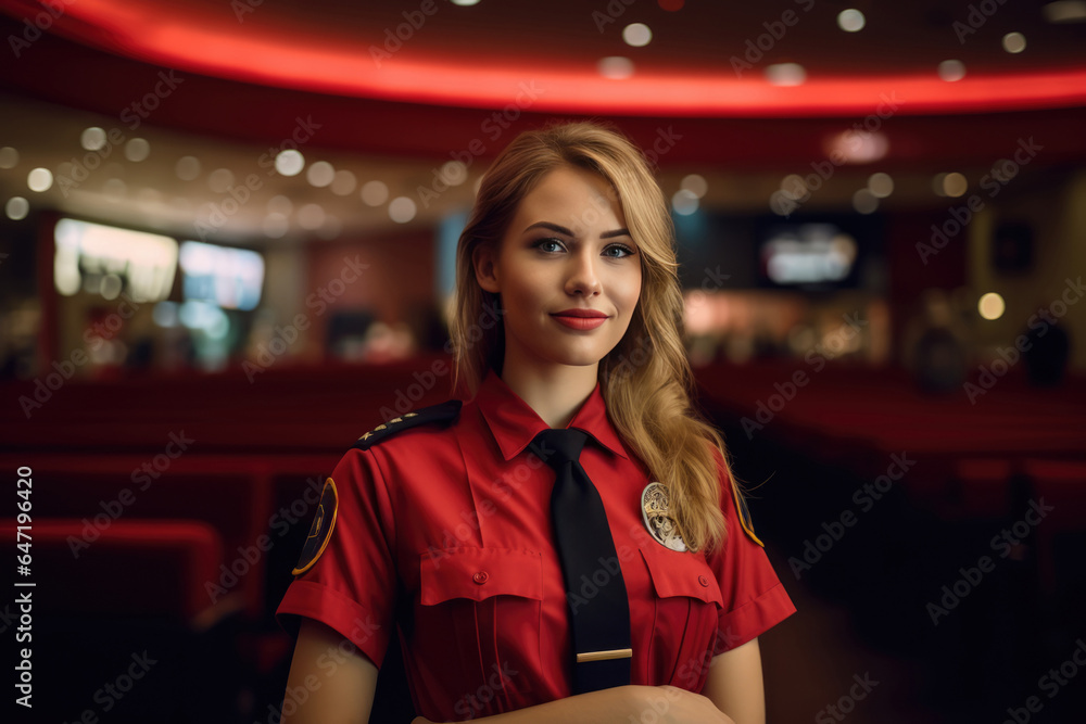 Woman Guard On Defocused Background Movie Theaters . Сoncept Women In ...