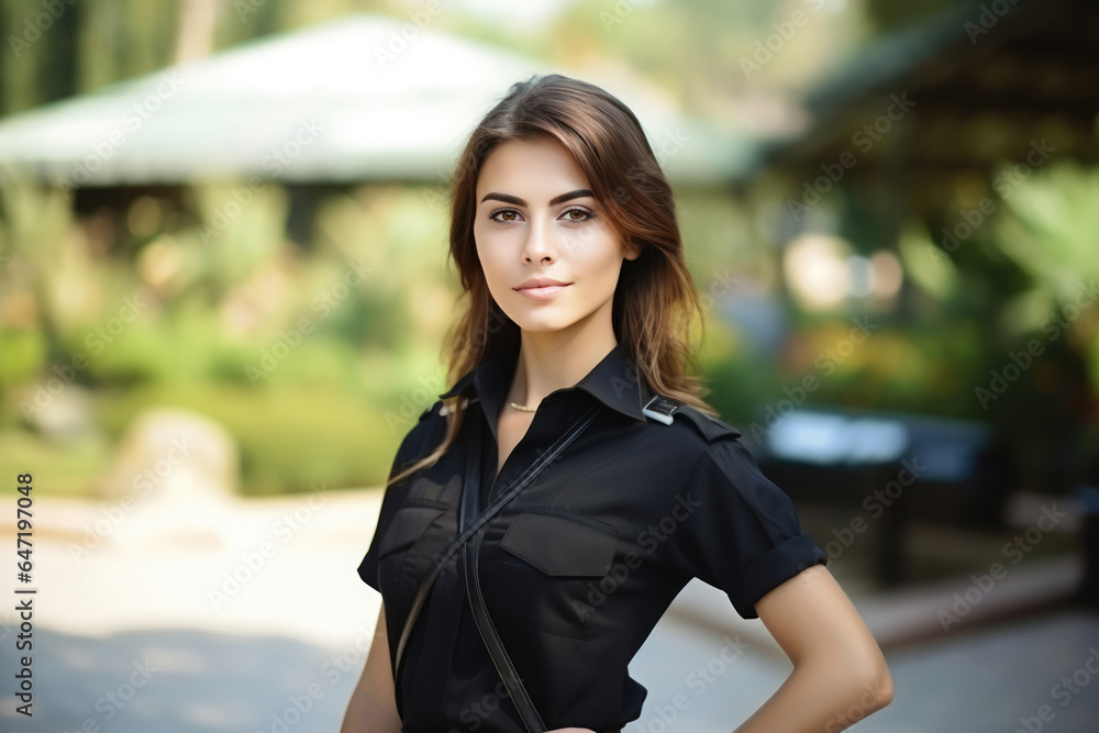 Woman Guard On Defocused Background Shooting Locations . Сoncept Gender ...