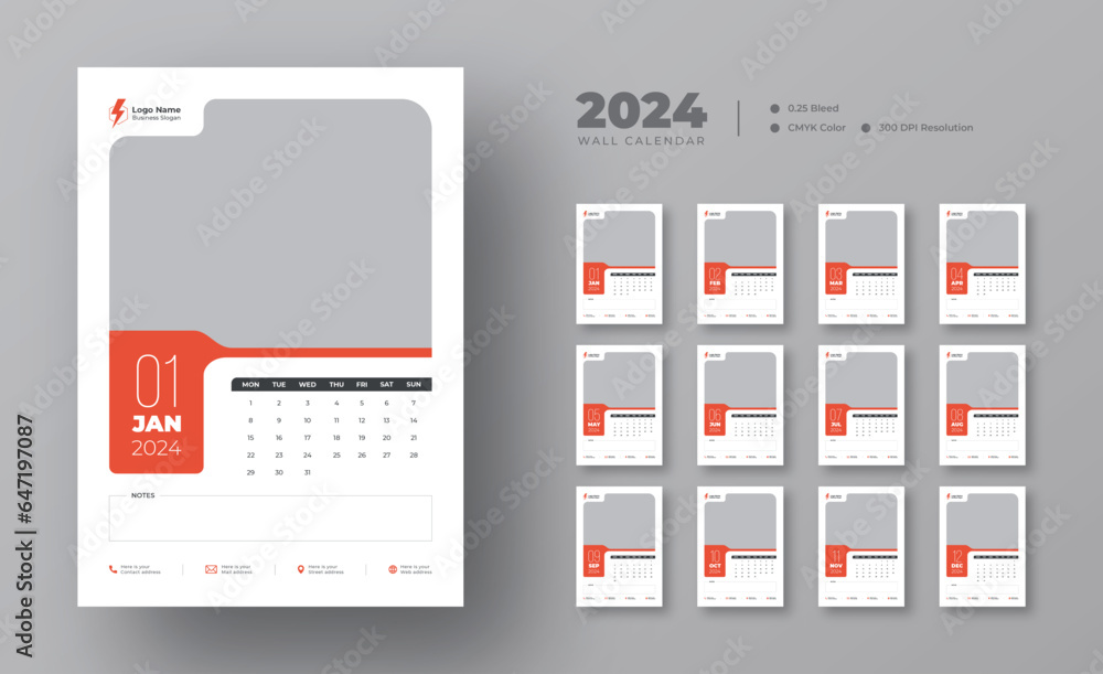 Wall calendar design template 2024, Set of Monthly pages Calendar ...