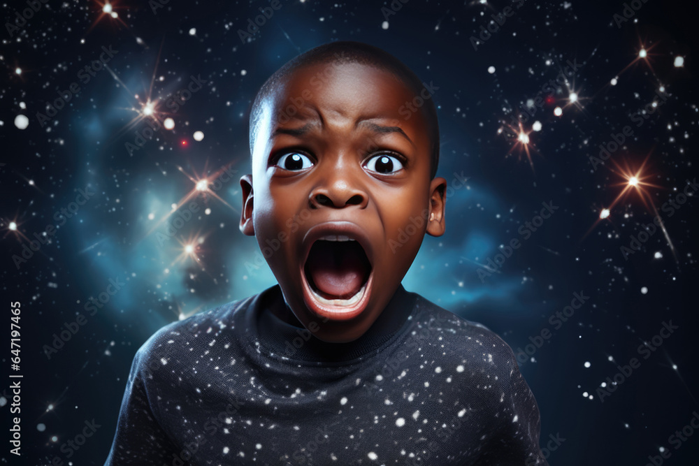 Anger African Boy In Black Sweater On Galaxy Stars Background Stock ...