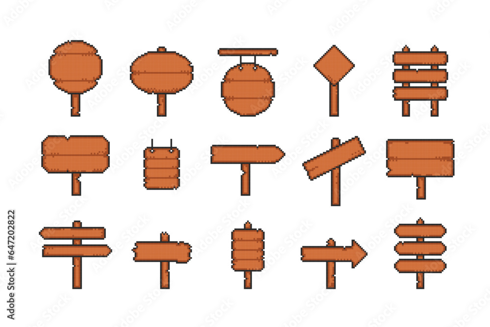 Set of wooden pixel signs, 8 bit guideposts. Collection old village ...