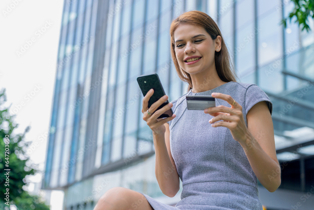 Young businesswoman doing digital banking transaction and making travel ...