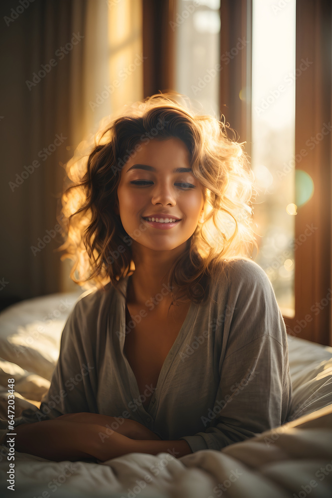 Beautiful woman is waking up in the morning, lying in bed, sun shines ...