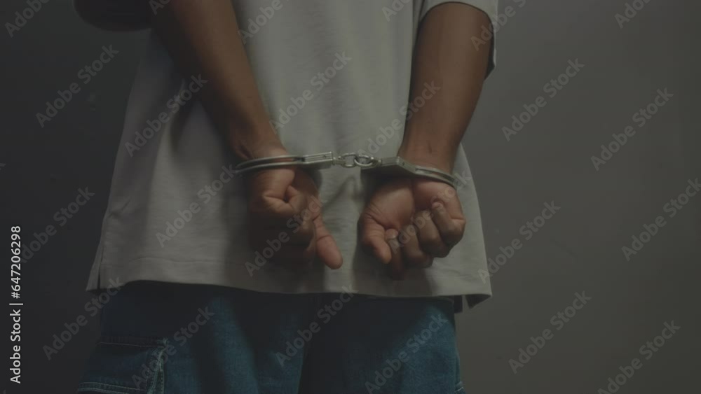 Stockvideon Midsection Back View Of Unrecognizable Arrested Black Man Keeping Handcuffed Hands