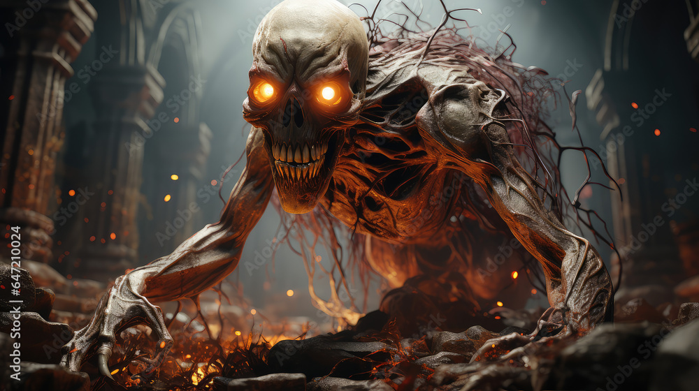 Zombie emerges from the shadows, its eyes radiating an eerie glow ...