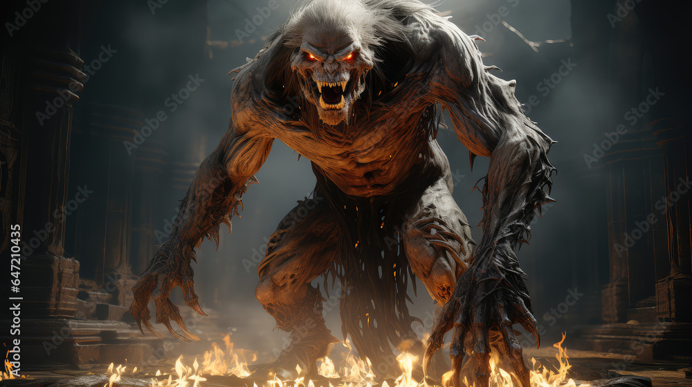 Zombie emerges from the shadows, its eyes radiating an eerie glow ...