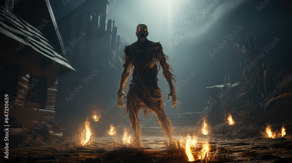 Zombie emerges from the shadows, its eyes radiating an eerie glow ...