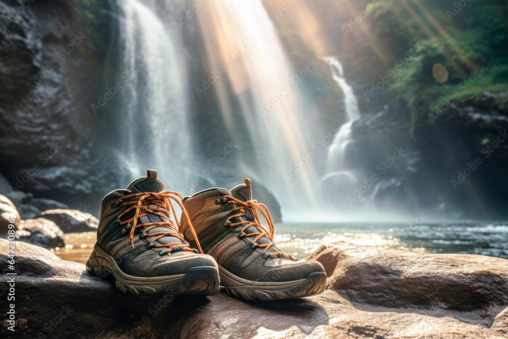 Close-up of trekking shoes, which are necessary for refreshing your ...