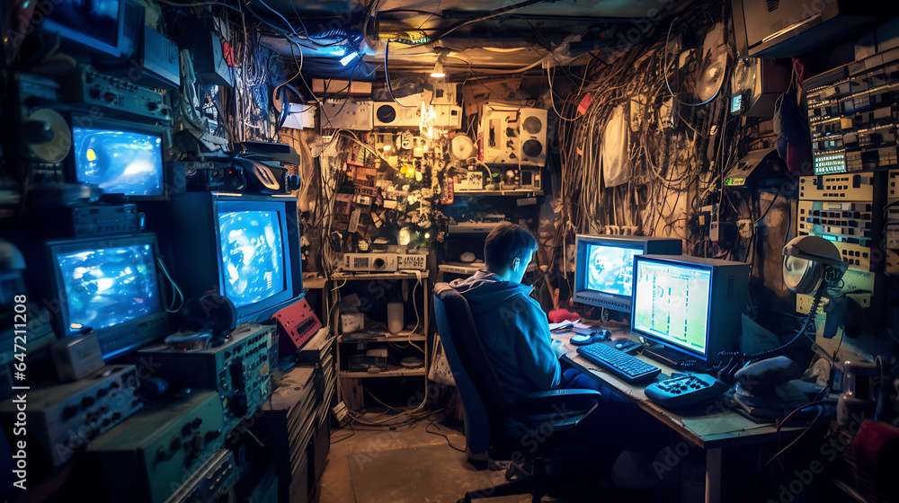Underground Cyberpunk Hackerspace. An underground hideout filled with ...