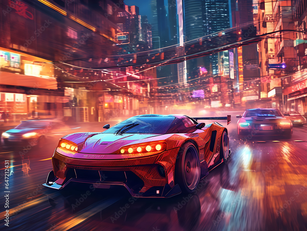 Cyberpunk Street Racing. Illustration of futuristic vehicles taking ...