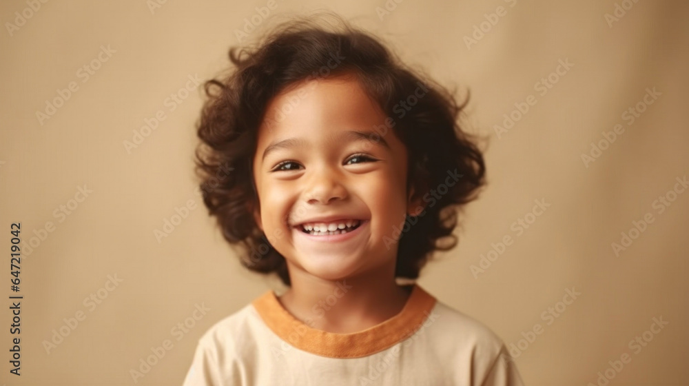 Cheerful youngster wearing earth-toned clothes in studio beige setting ...