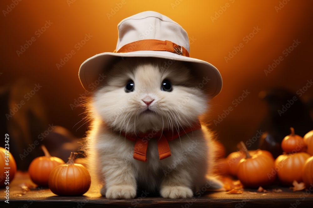 Portrait photo of a fluffy white rabbit wearing a tiny white hat on a ...
