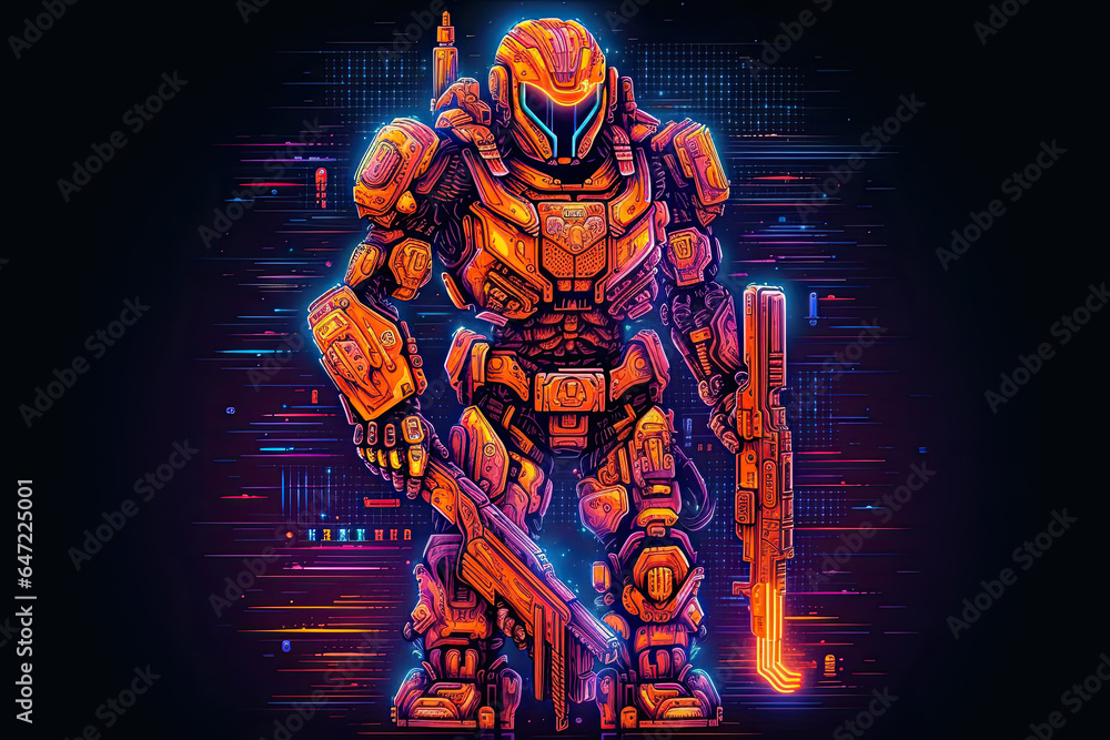 Poster with pixel art technological robot warrior with blaster on ...
