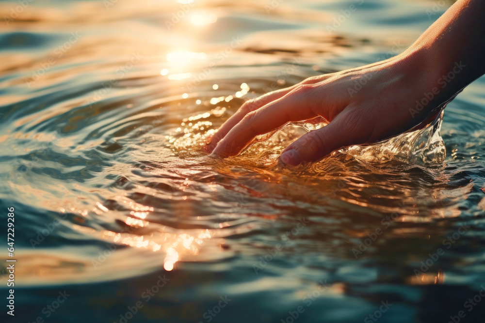 Closeup of a woman's hand touching the lake water, causing ripples. A ...