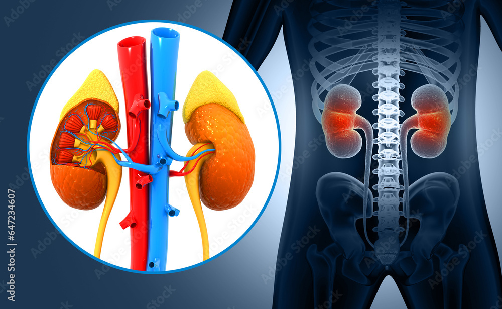 Human urinary system kidneys cross section anatomy. 3d illustration ...