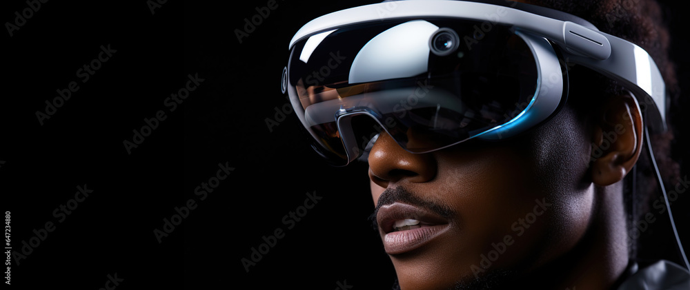 African American black male using a futuristic mixed reality XR headset ...