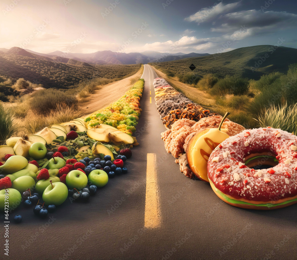Contrasting Roadside Choices: Healthy and Unhealthy Food Options. Stock ...