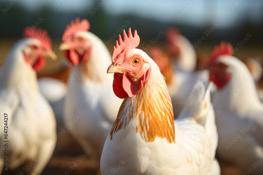 group of chickens on the farm. a row of chickens in an enclosure Stock ...