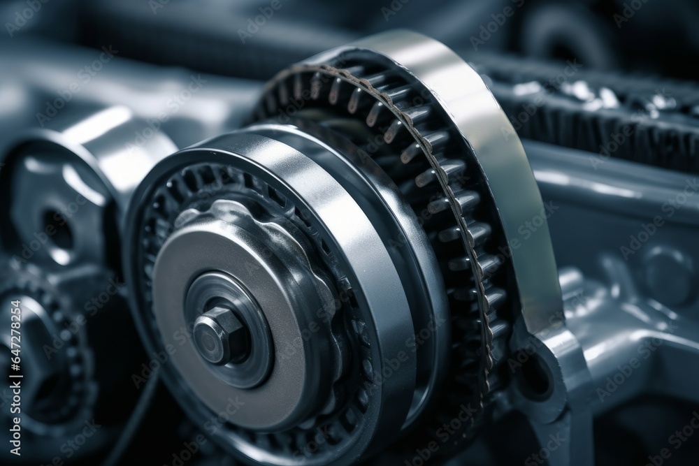 Belt drive of Diesel engine electric generator. Close up car timing ...