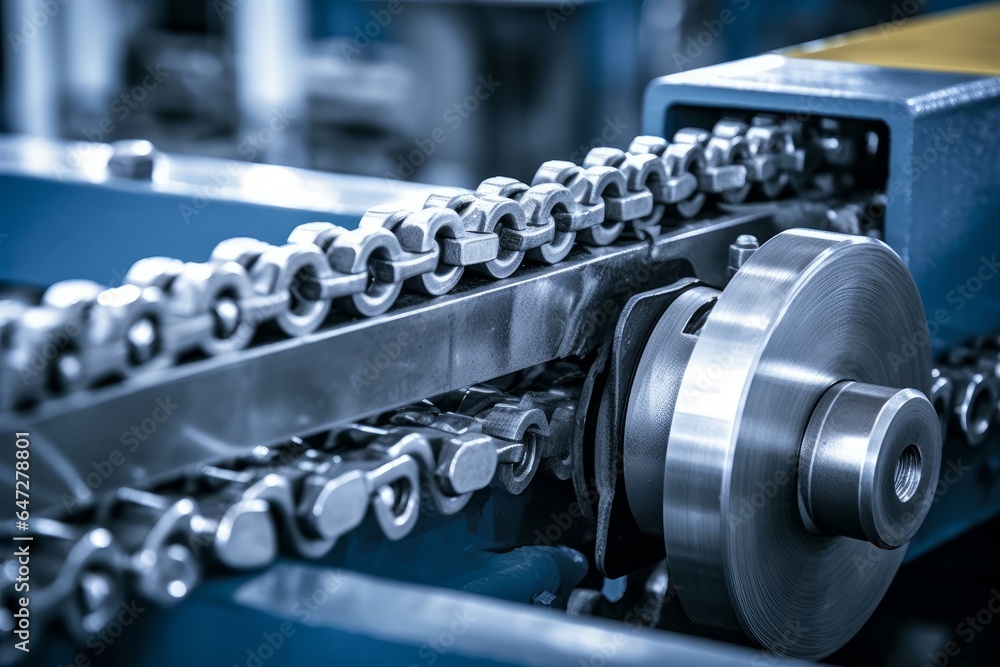 Gear chain drive shaft in conveyor belt is on production line. Timing ...