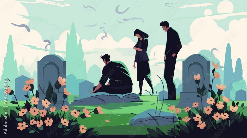 Cartoon mourning people at graveyard flat vector illustration. Men and ...