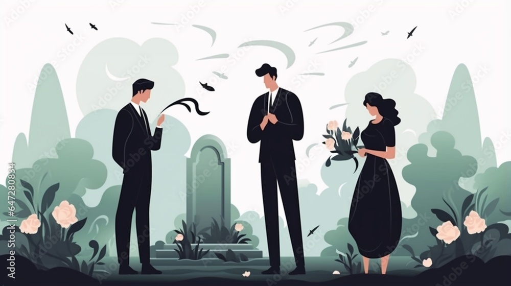 Cartoon mourning people at graveyard flat vector illustration. Men and ...