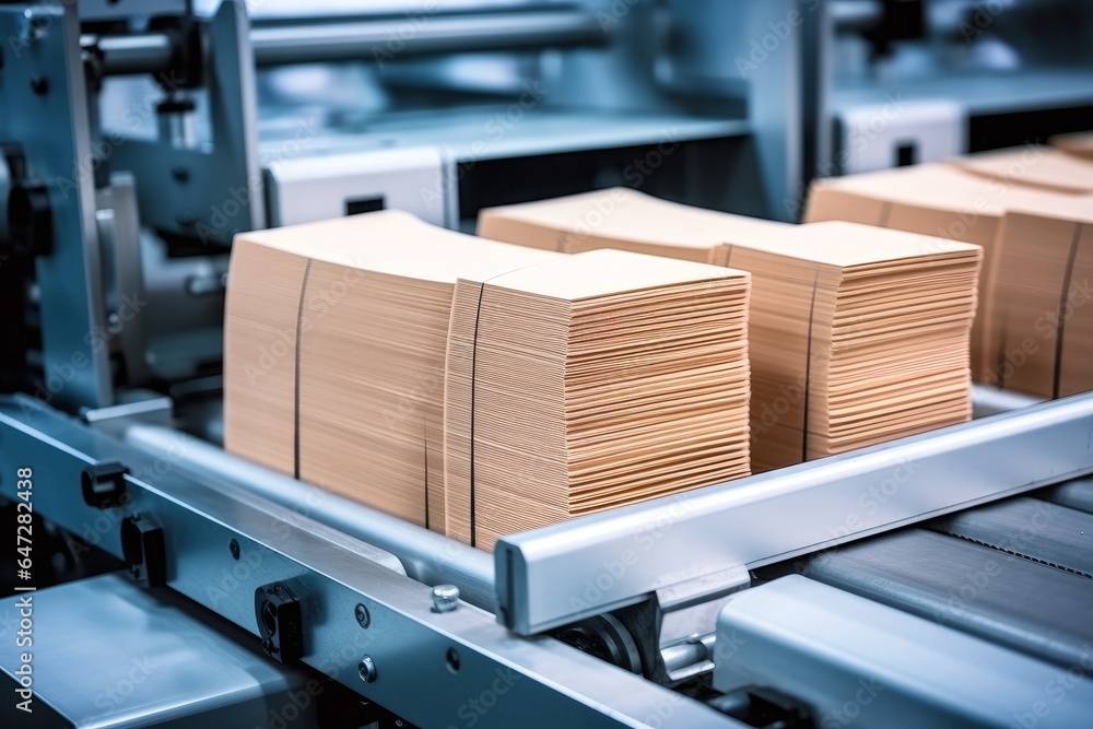 Elements of corton boxes are collected in stack. Conveyor line for the ...