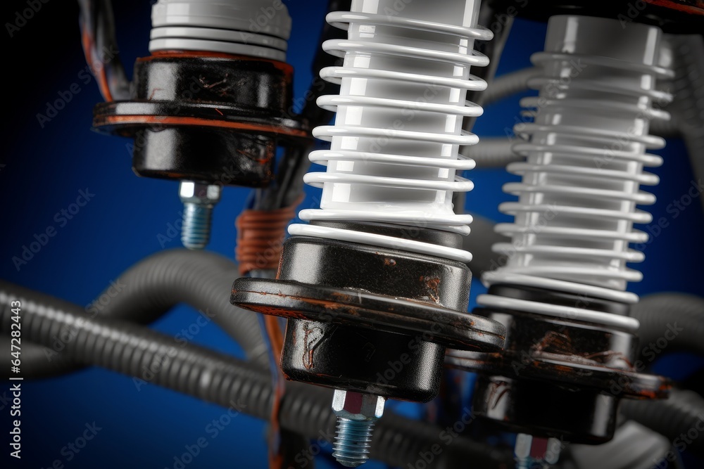 High Voltage electric wires cap and pin insulator detail, Generative AI ...