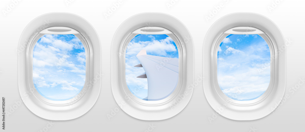 Airplane windows with transparent background in 3d realistic render ...