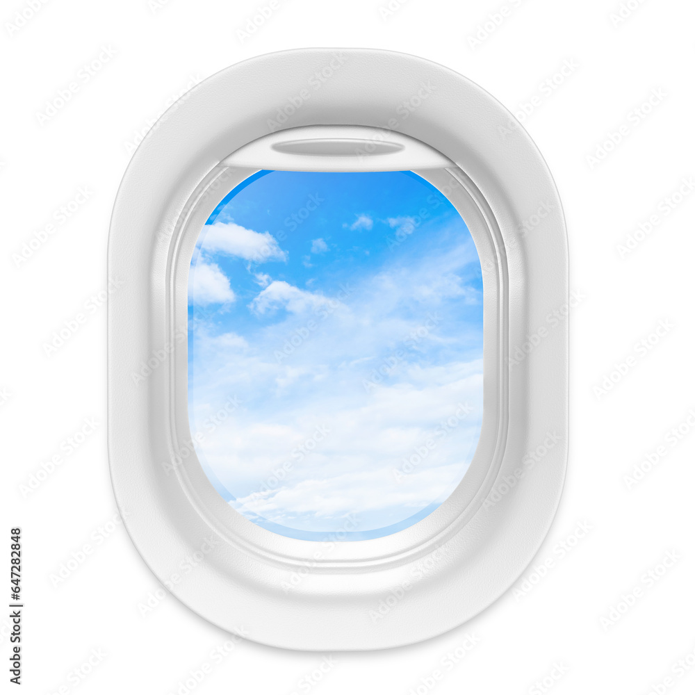 Airplane window with transparent background in 3d realistic render ...