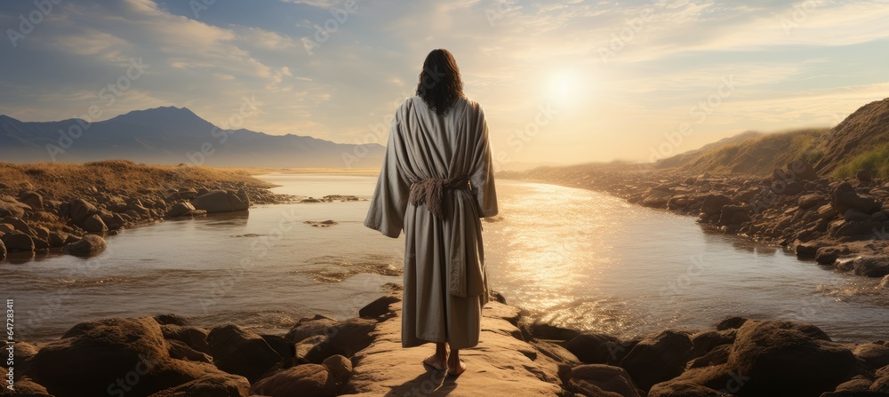 Back view Jesus at lake. Generative AI technology. Stock Illustration ...