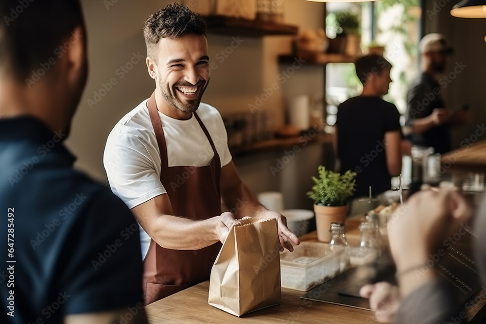 Waiter serving takeaway food to customers at counter in small family ...