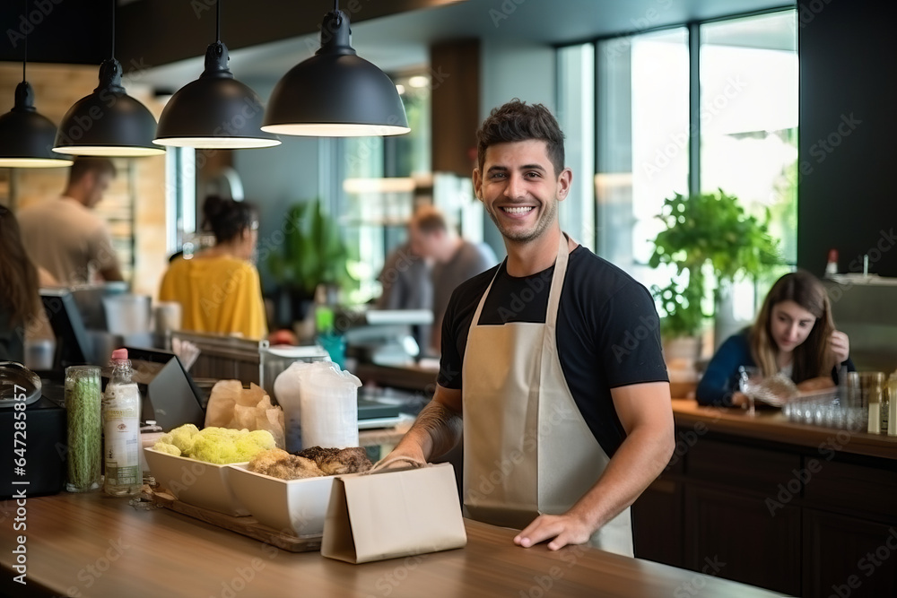 Waiter serving takeaway food to customers at counter in small family ...