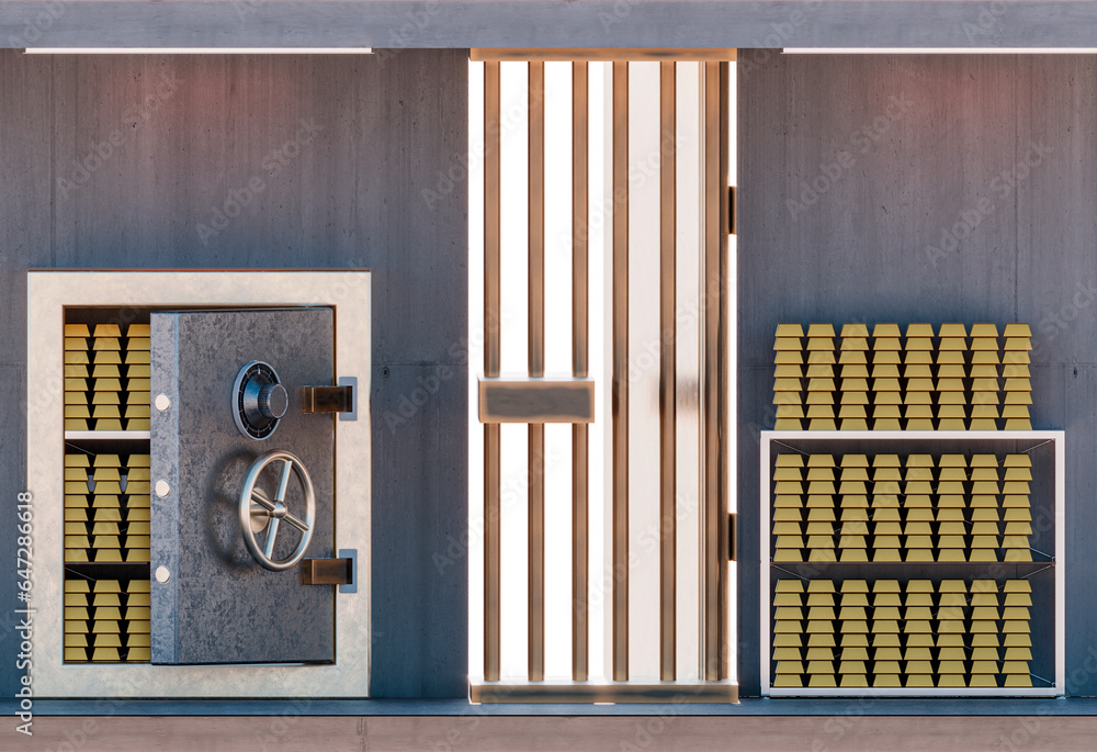 Bank vault, gold bars and gold reserves. Armored safe. Keep your savings safe, invest in noble ...