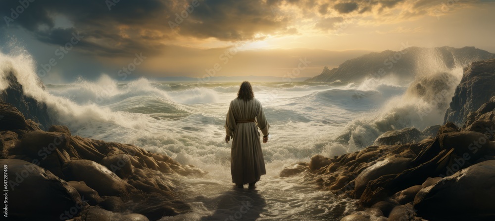 Back view Jesus Christ. Generative AI technology. Stock Illustration ...