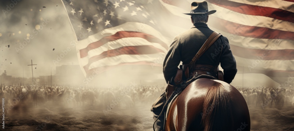 Military commando leader riding horse at American revolution war battle ...