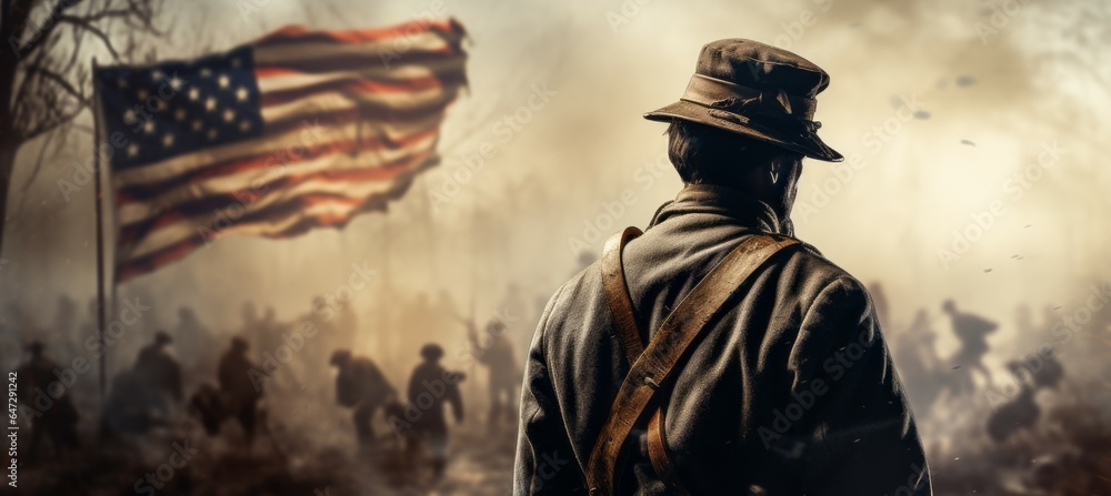 Back view American soldier at revolution war battle field. Generative ...